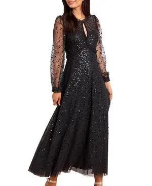 NEEDLE & THREAD Dappled Sequin Long Sleeve Gown - Graphite
