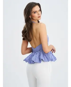 MISS CIRCLE Ilene Checkered Halter Top With Bubble Hem - Blue Checkered