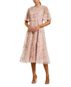 Mac Duggal Flutter Sleeve Floral Embroidered Midi Dress - Blush