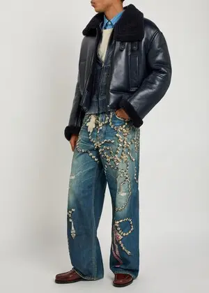 Acne Studios Shearling Leather Jacket - Navy