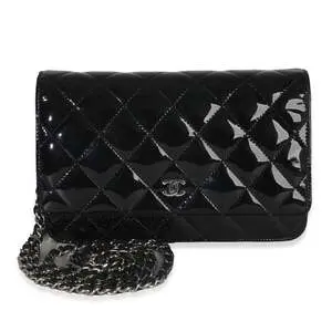 Chanel Quilted Patent Classic Wallet On Chain - Black