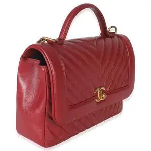 Chanel Chevron Calfskin Top Handle Flap Bag - Red