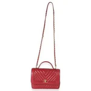 Chanel Chevron Calfskin Top Handle Flap Bag - Red