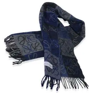 Loewe Grey Wool Cashmere Double Face Anagram Fringe Scarf - Blue