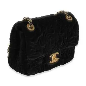 Chanel Camellia Embossed Velvet Square Flap Bag - Black