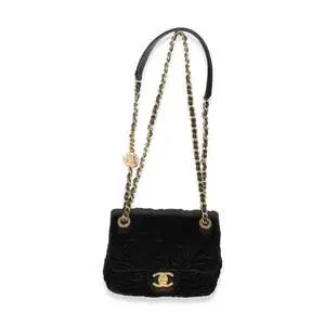 Chanel Camellia Embossed Velvet Square Flap Bag - Black