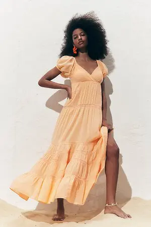 Free People Aura Maxi Dress With Empire Waist And Puff Sleeves - Peach Wash  | Editorialist