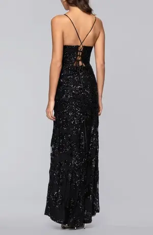 BLONDIE NITES Sequin Rose Lace-up Mermaid Gown