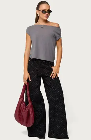 EDIKTED Anabella Off-the-shoulder T-shirt - Dark-gray