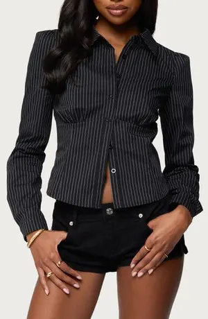 EDIKTED Tailored Pinstripe Button-up Shirt - Black