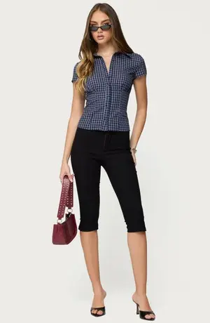 EDIKTED Oriya Gingham Button-up Blouse