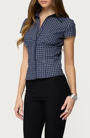 EDIKTED Oriya Gingham Button-up Blouse