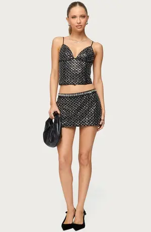 EDIKTED Beaded Mesh Crop Camisole - Black