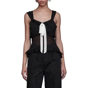 Avec Les Filles Sheer Ruffle Tank With Tie Neck