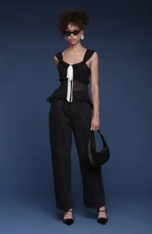 Avec Les Filles Sheer Ruffle Tank With Tie Neck