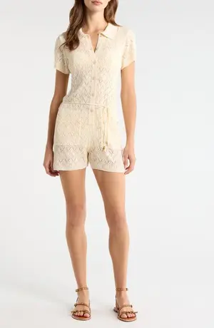 Elan Pointelle Knit Cover-up Romper - Natural