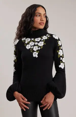Anne Fontaine Legende Floral Applique Turtleneck Pullover