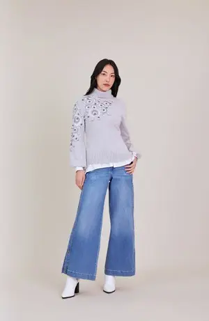 Anne Fontaine Aubade Floral Appliqué Turtleneck