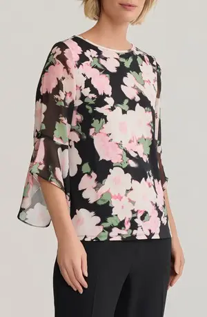 KASPER Floral Flutter Sleeve Top - Black Multi