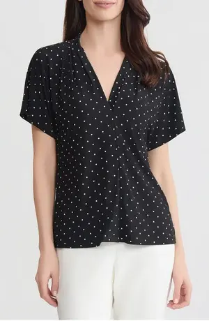 KASPER Polka Dot Pleated Shoulder Top - Black/vanilla Ice