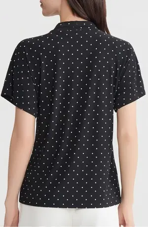 KASPER Polka Dot Pleated Shoulder Top - Black/vanilla Ice