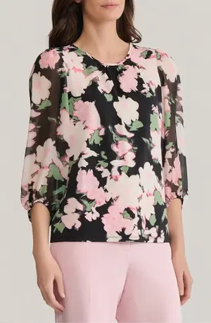 KASPER Floral Shirred Neck Top