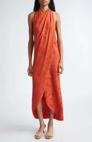 Johanna Ortiz Silent Water Palm Jacquard Drape Satin Top - Rust