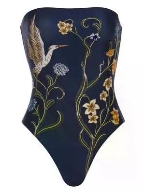 Agua Bendita Floral Bird Print One Piece Swimsuit - Blue