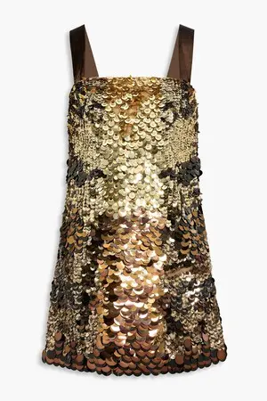 Oscar De La Renta Velvet-Trimmed Sequined Tulle Mini Dress - Bronze
