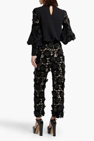 Oscar De La Renta Guipure Lace-paneled Silk-blend Crepe Top