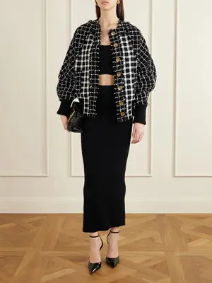 Balmain Frayed Checked Bouclé-tweed Bomber Jacket