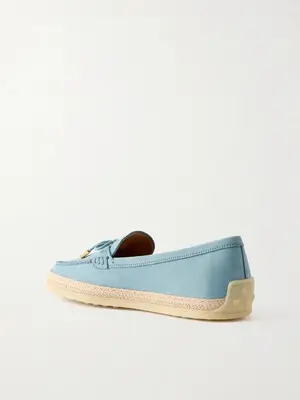 TOD'S Raffia-trimmed Suede Loafers With Bow Detailing - Blue