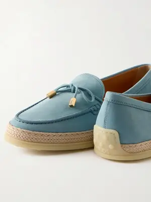 TOD'S Raffia-trimmed Suede Loafers With Bow Detailing - Blue