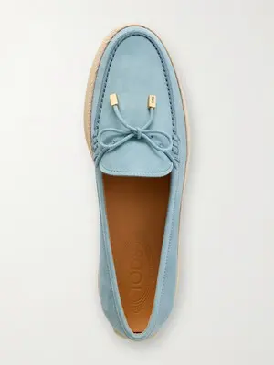 TOD'S Raffia-trimmed Suede Loafers With Bow Detailing - Blue