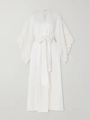 Carine Gilson Belted Lace-trimmed Silk-satin Kimono - Ivory