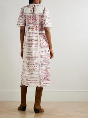 Sea Kit Scalloped Crochet-trimmed Embroidered Midi Dress - Red