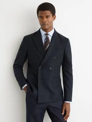 REISS Db Carson Flannel Double-breasted Blazer - Navy