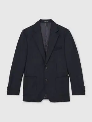 REISS Tailored-fit Flannel Single-breasted Blazer With Wool - Navy