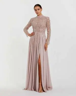 Mac Duggal Embellished Long Sleeve Gown With Slit - Pink