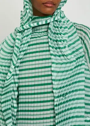 Issey Miyake Striped Pleated Woven Coat With Detachable Neck Tie