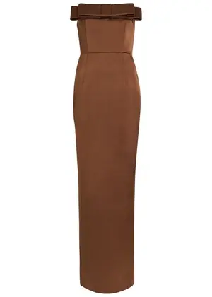 THE NEW ARRIVALS ILKYAZ OZEL Strapless Satin Maxi Dress With Bow Appliqu