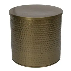 STORIED HOME Round Hammered Metal Drum Table Or Planter With Lid - Brass