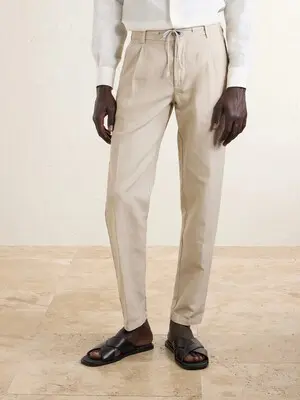 Eleventy Straight-leg Cotton And Linen-blend Drawstring Trousers - Neutrals