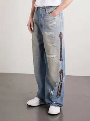 Amiri Straight-leg Distressed Studded Jeans - Blue
