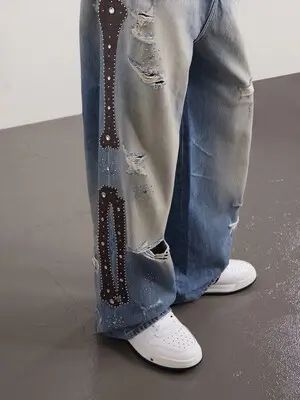 Amiri Straight-leg Distressed Studded Jeans - Blue