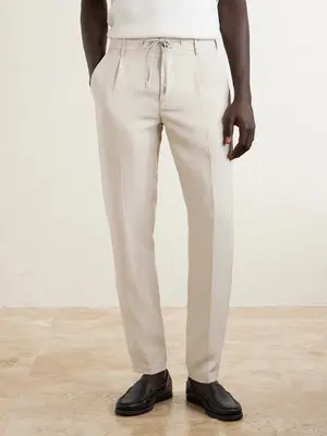 Eleventy Straight-leg Lyocell And Linen-blend Trousers - Neutrals