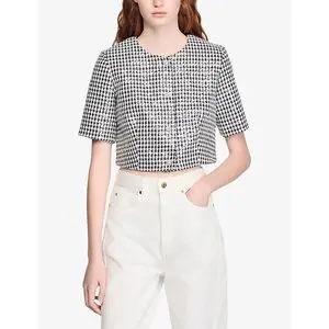 Sandro Houndstooth Cropped Woven Jacket