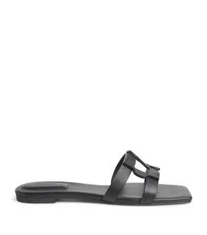 Simkhai Leather Monogram Flat Slides - Black