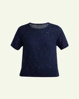 Kiton Cashmere Paillette Short-sleeve Crewneck Sweater