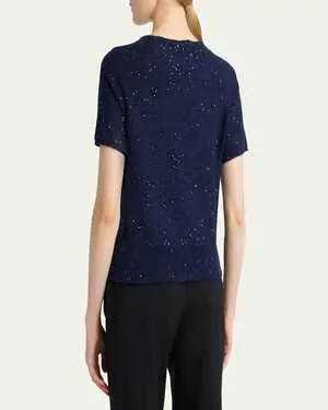 Kiton Cashmere Paillette Short-sleeve Crewneck Sweater